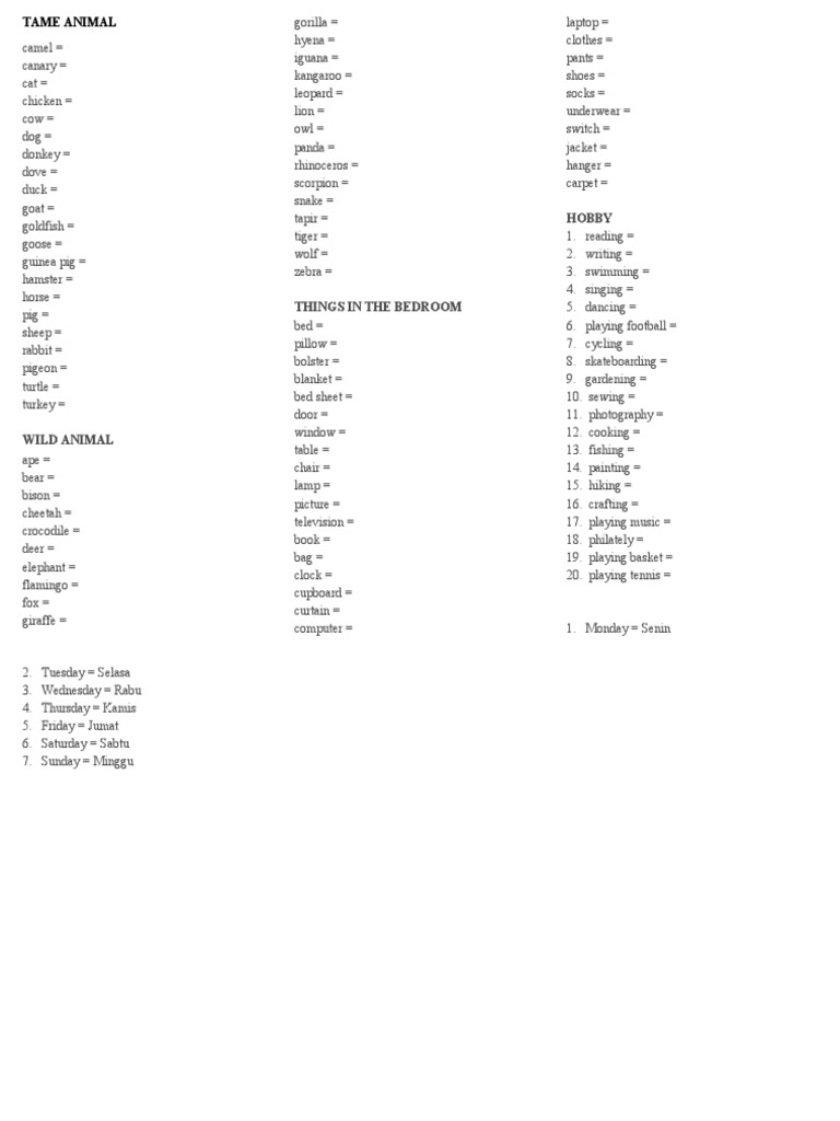 Vocabulary Test: Animals & Hobbies | PDF