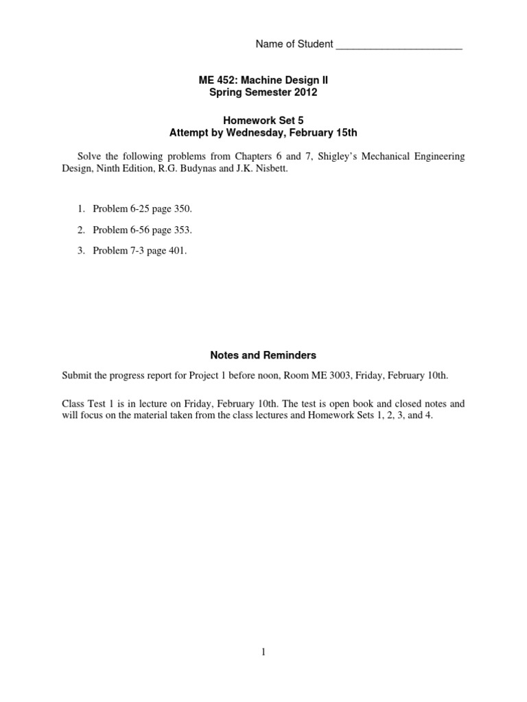 Purdue ME 452 Machine Design II Hw5csol - sp12 | PDF | Strength Of ...