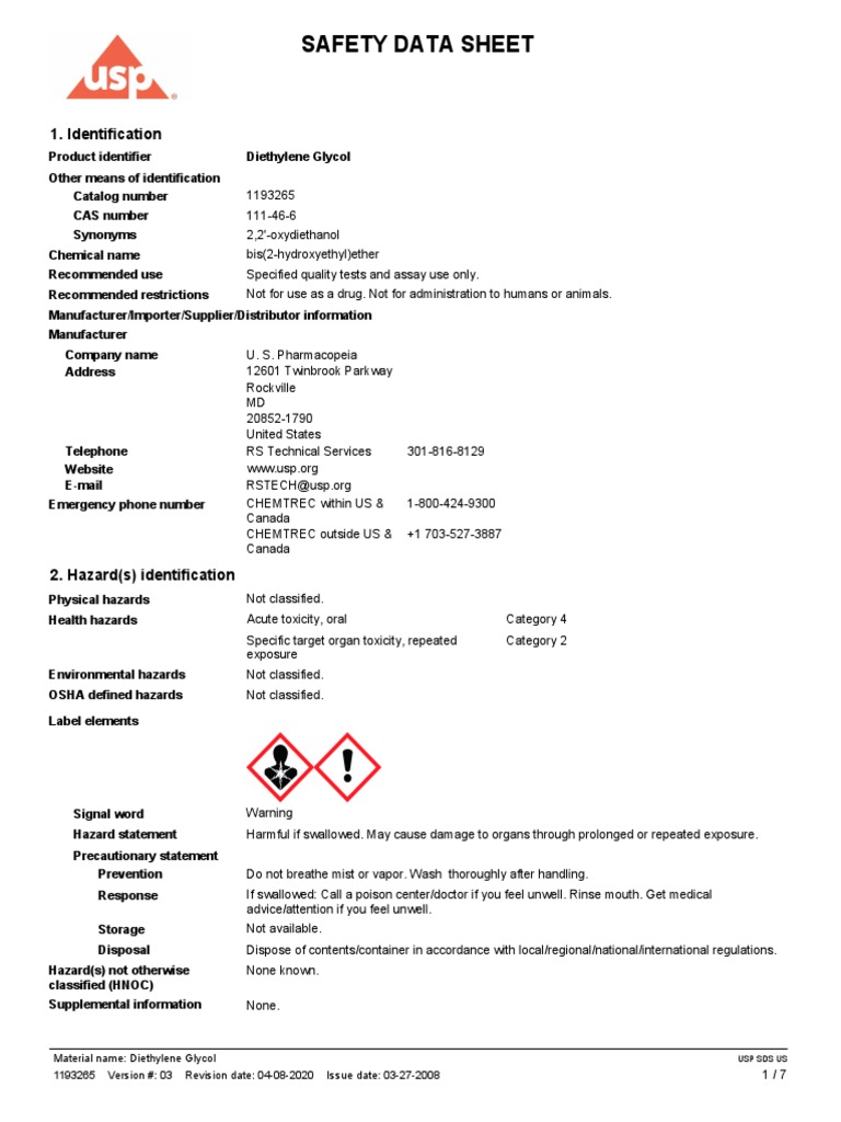 SDS - USP - 1193265 Diethylene Glycol (5 X 0.2 ML) | PDF | Personal ...