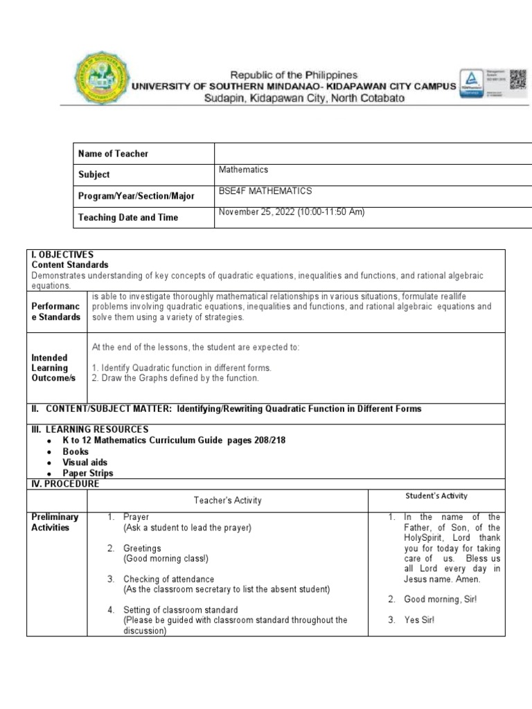 Detailed LP For Pre-Demo 1 | Download Free PDF | Function (Mathematics ...
