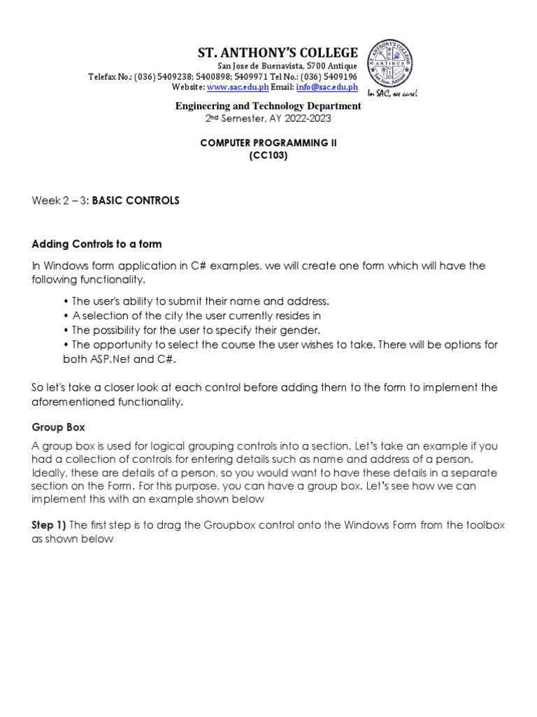 CC103-Week 2 - 3-BASIC CONTROLS | PDF | C Sharp (Programming Language) | Software