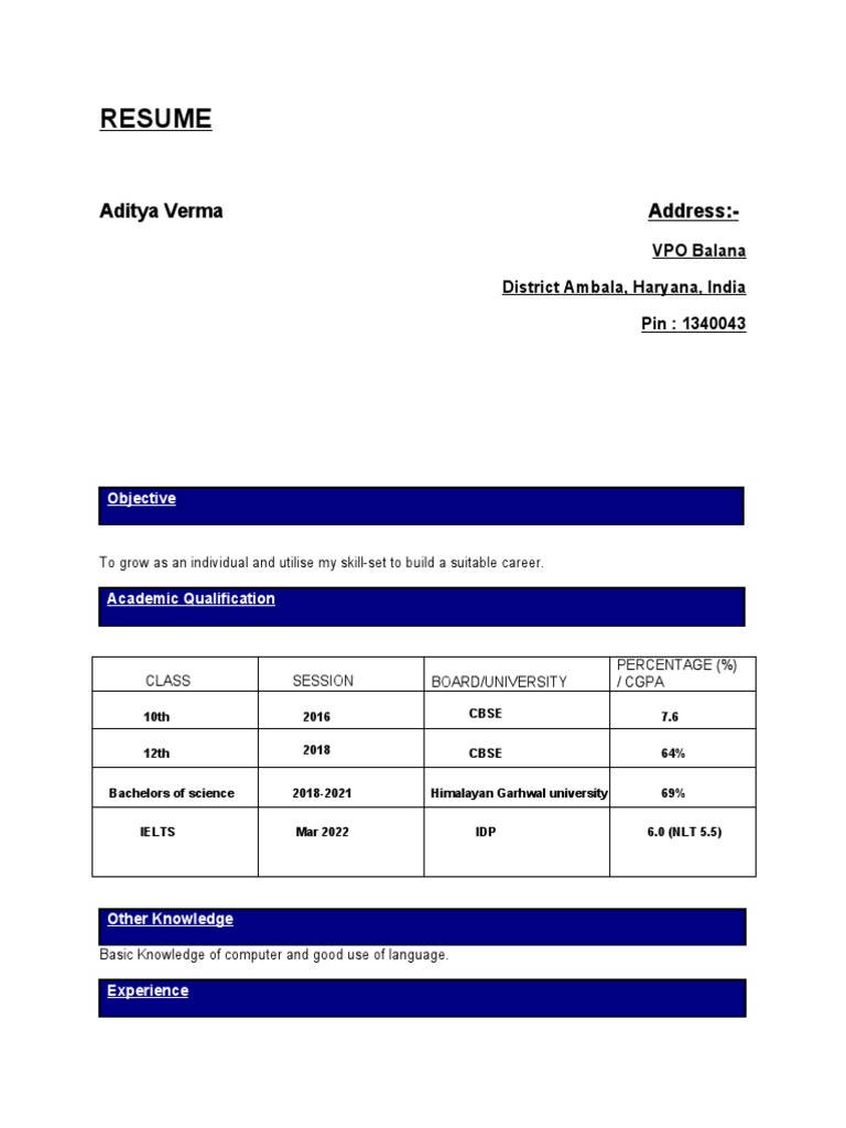 Resume: Aditya Verma Address | PDF