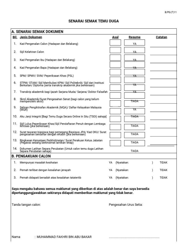 Senarai Semak Temu Duga A. Senarai Semak Dokumen: Bil. Jenis Dokumen ...