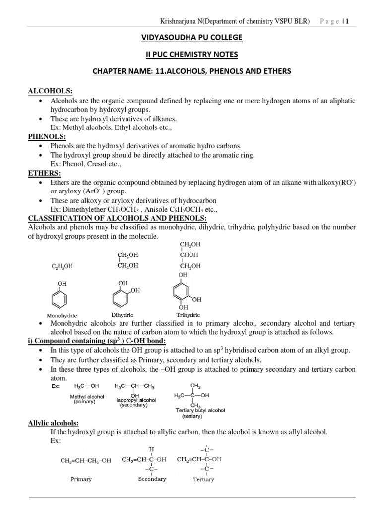 Chapter-11 Alcohols, Phenols and Ethers-Notes | PDF | Ether | Chemical ...