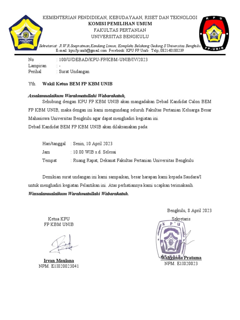 Undangan Debat Kandidat BEM FP UNIB | PDF