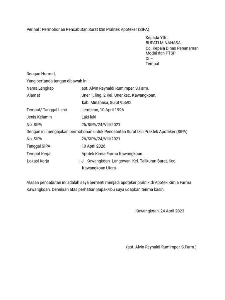 Permohonan Pencabutan Surat Izin Praktek Apoteker (SIPA) | PDF