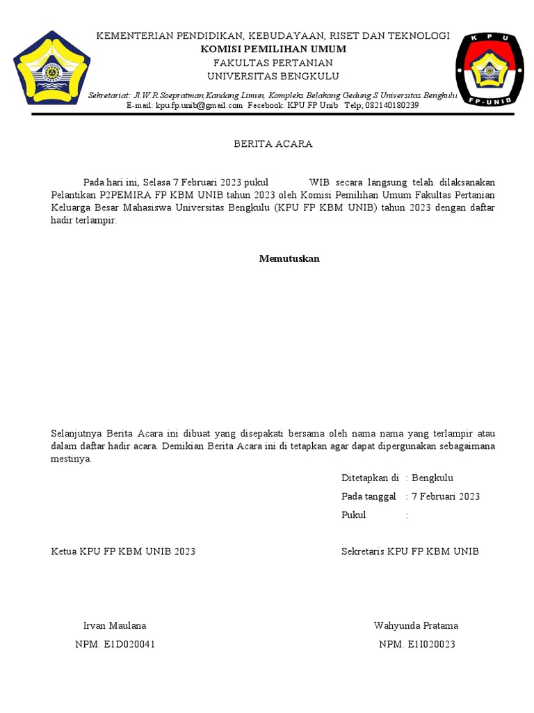 Pelantikan P2PEMIRA FP UNIB 2023 | PDF