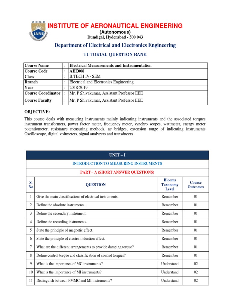 Iare Emi Emie Question Bank | PDF