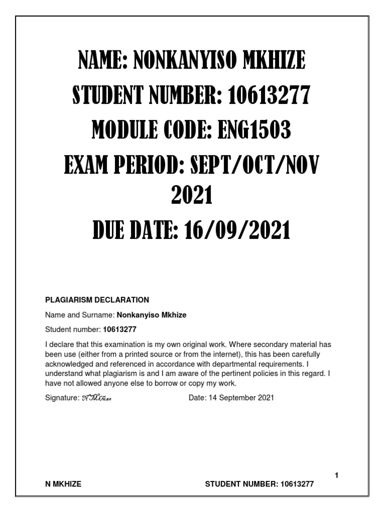 Eng1503 Exam 2021 | PDF | Stereotypes | Gender Role