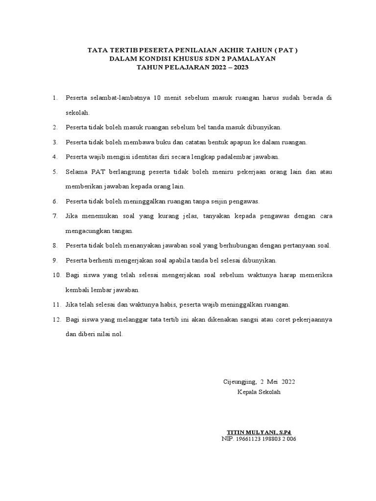 Tata Tertib PAT SDN 2 Pamalayan 2022-2023 | PDF