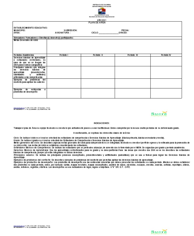 Formato De Plan De Area Pdf Aprendizaje Educación Primaria