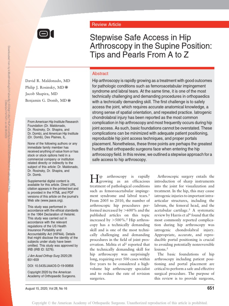 Stepwise Safe Access in Hip Arthroscopy in The Supine Position: Tips and Pearls From A To Z | PDF