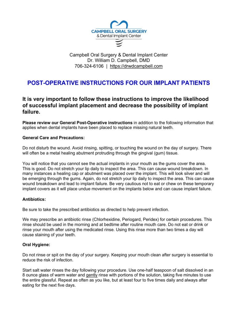 Implant-Surgery-Instructions-Post-op-1 | PDF | Dental Implant | Dentures