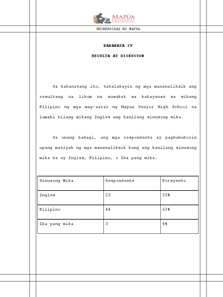 Kabanata Iv Resulta at Diskusyon: Unibersidad NG Mapua | PDF