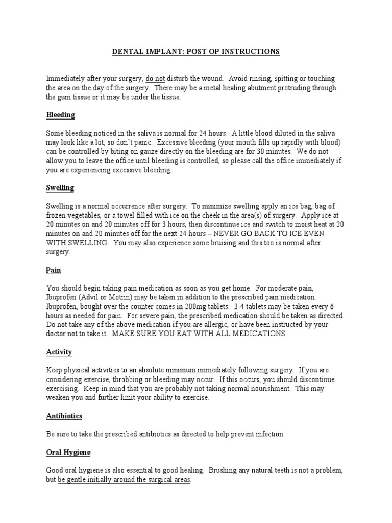 7 Implant Post Op Instructions | PDF | Dental Implant | Surgery