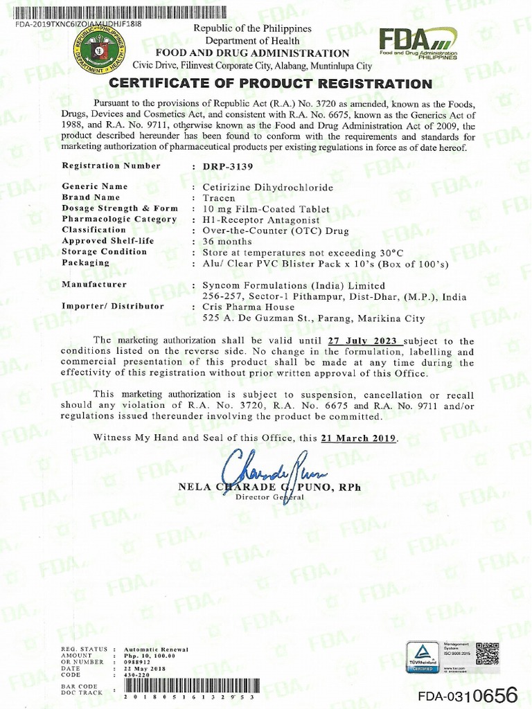 Cetirizine 10mg Tablet TRACEN | PDF