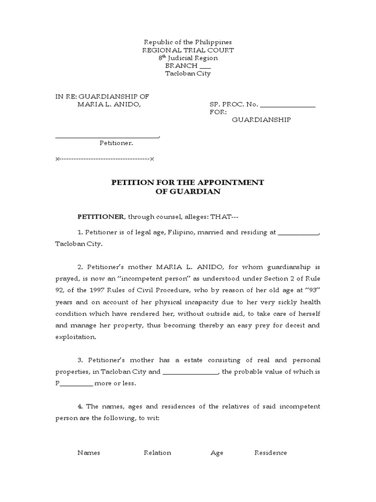 Petition for the Appointment of a Guardian for Maria L. Anido Due to ...
