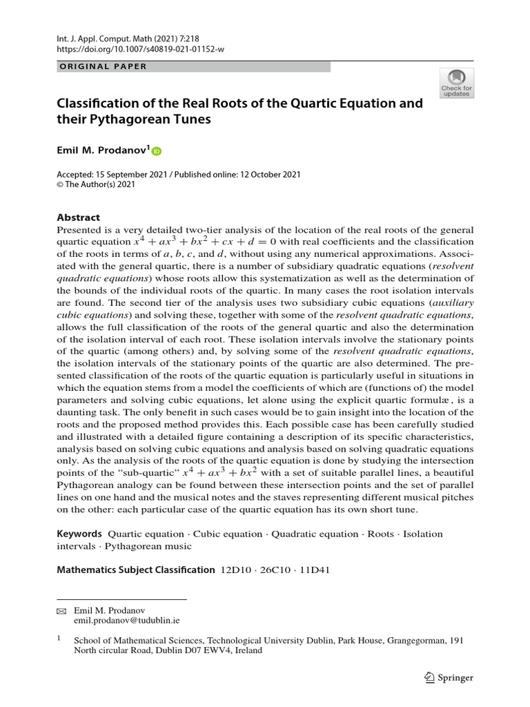 Classification of The Real Roots of The Quartic Equation and Their Pythagorean Tunes | PDF ...