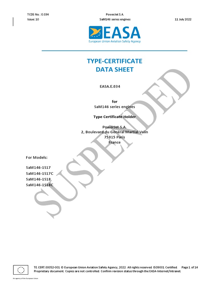 TCDS E.034 SaM146 Series - Iss 10 | PDF | Technology & Engineering
