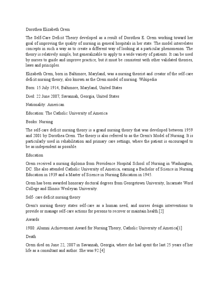 Nursing Theory: Orem's Self-Care Model | PDF