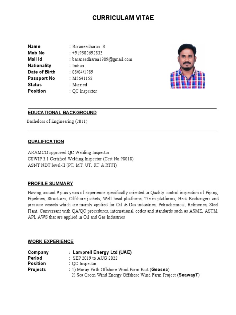 Baraneedharan Raju CV Updated | PDF | Welding | Construction