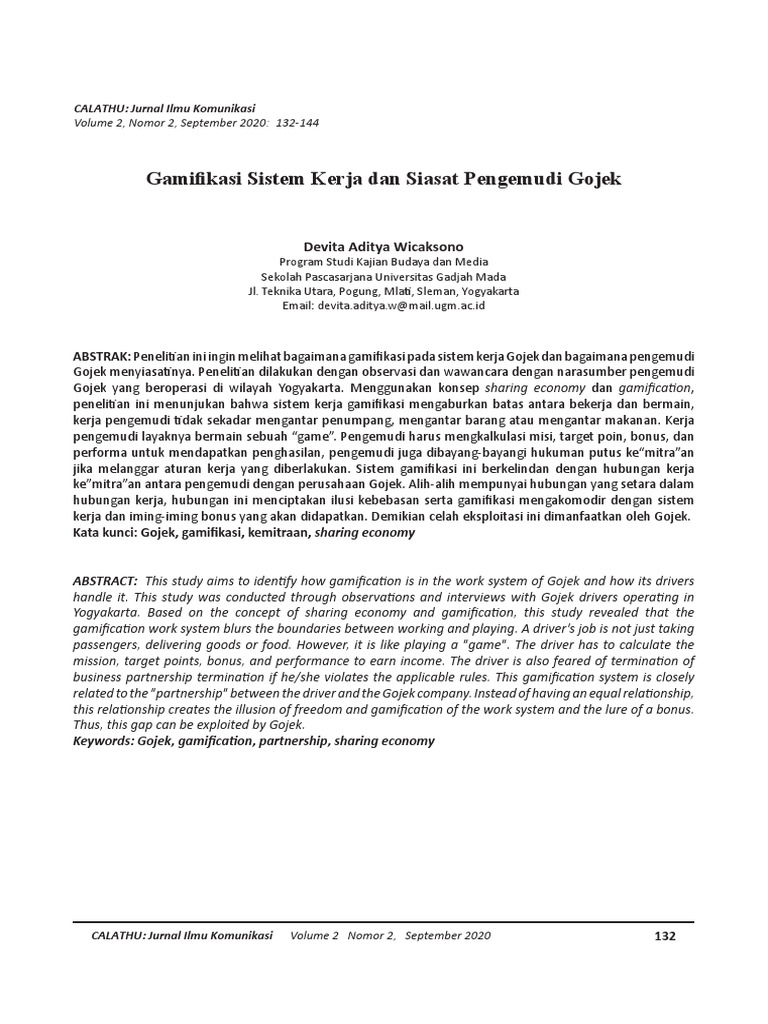 Gamifikasi Sistem Kerja Dan Siasat Pengemudi Gojek: Devita Aditya Wicaksono | PDF