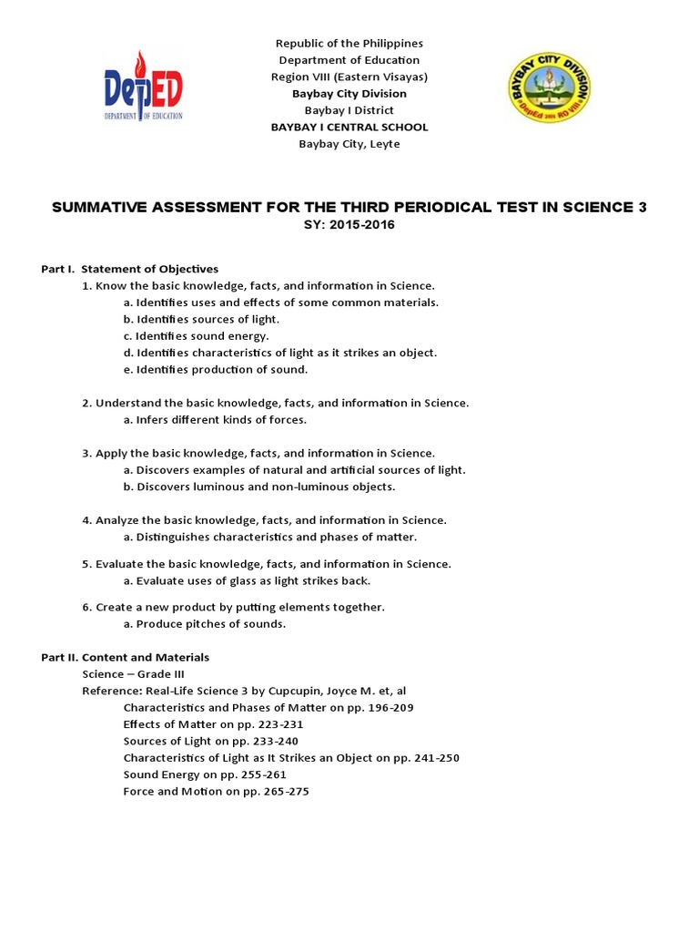 Summative Assessment For The Third Periodical Test in Science 3 | PDF