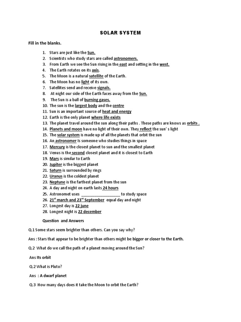 Fill in The Blanks.: Solar System | PDF | Planets | Solar System