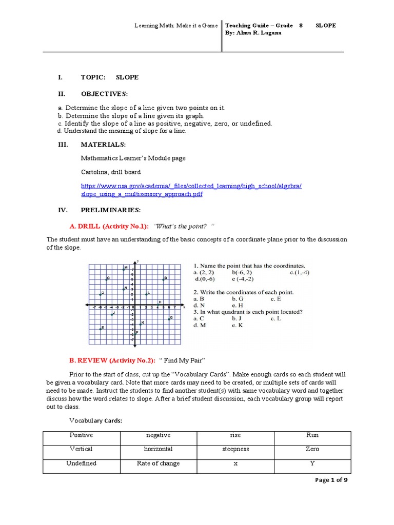 Grade 8 Slope Teaching Guide | PDF | Slope | Mathematics
