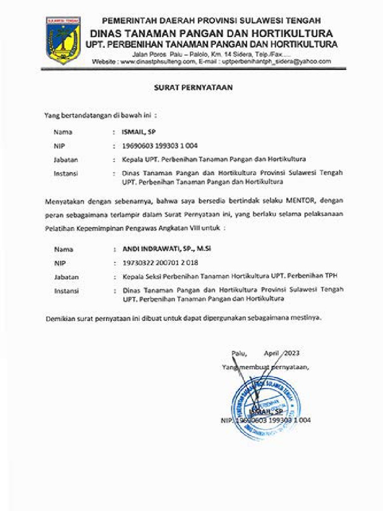 Contoh SURAT PERNYATAAN MENTOR | PDF