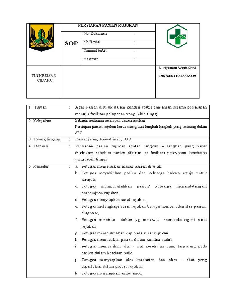 SOP Persiapan Pasien Rujukan | PDF