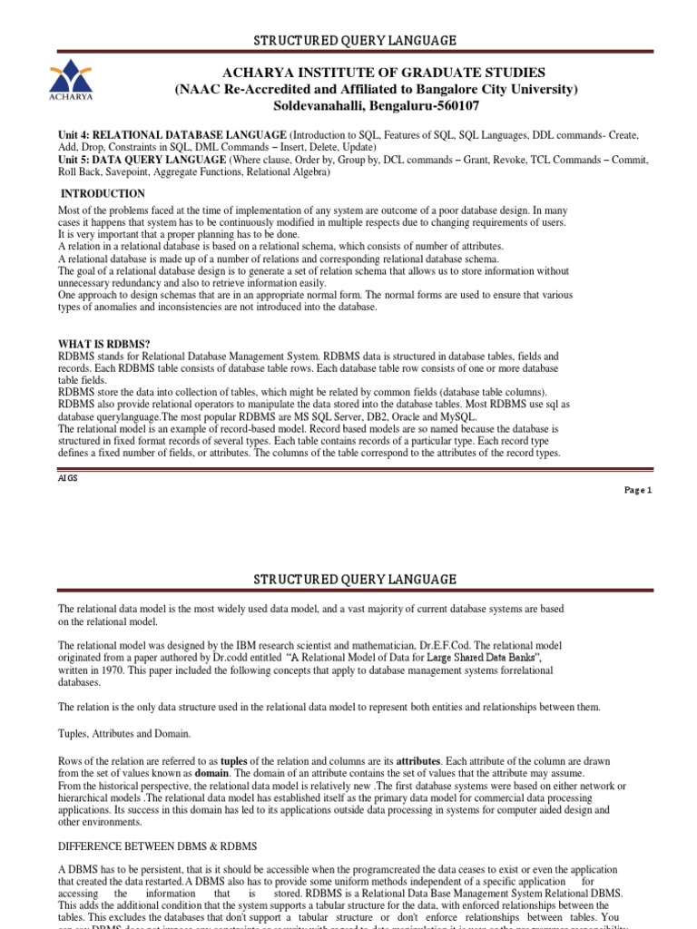 Unit 4 And 5 Notes Sql Pdf Relational Database Relational Model 9648