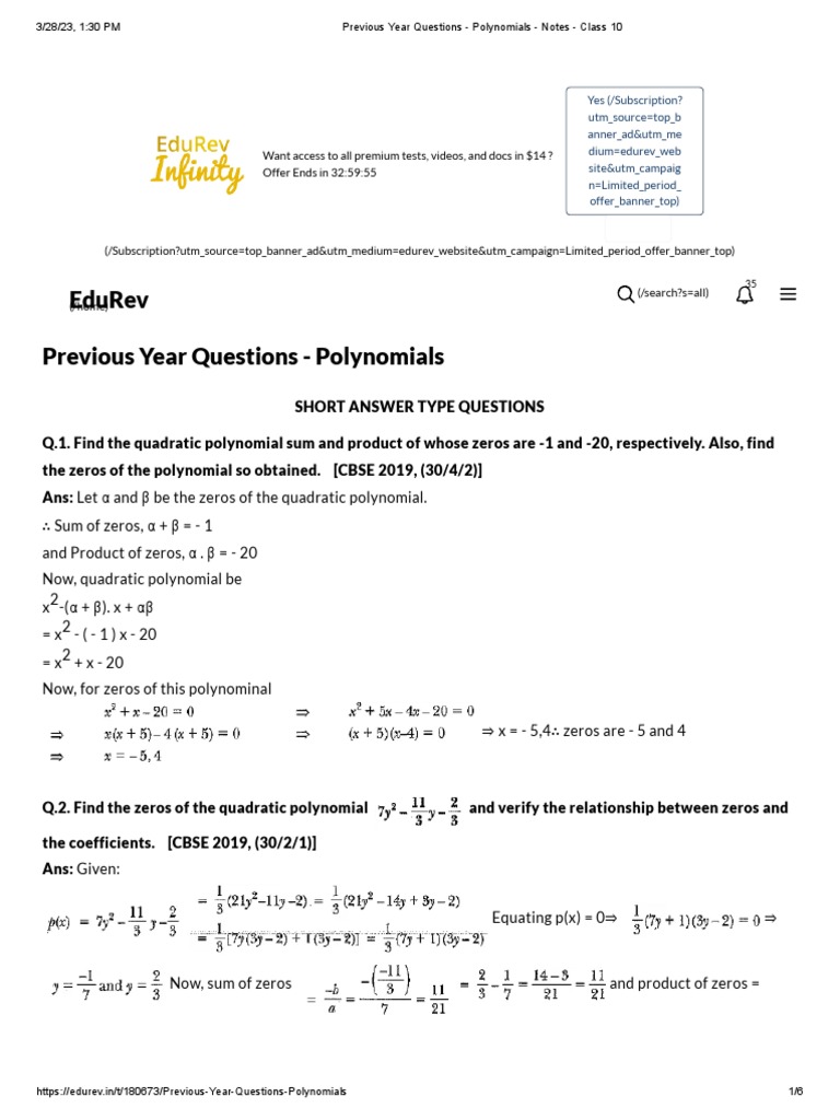 Previous Year Questions - Polynomials - Notes - Class 10 | PDF ...