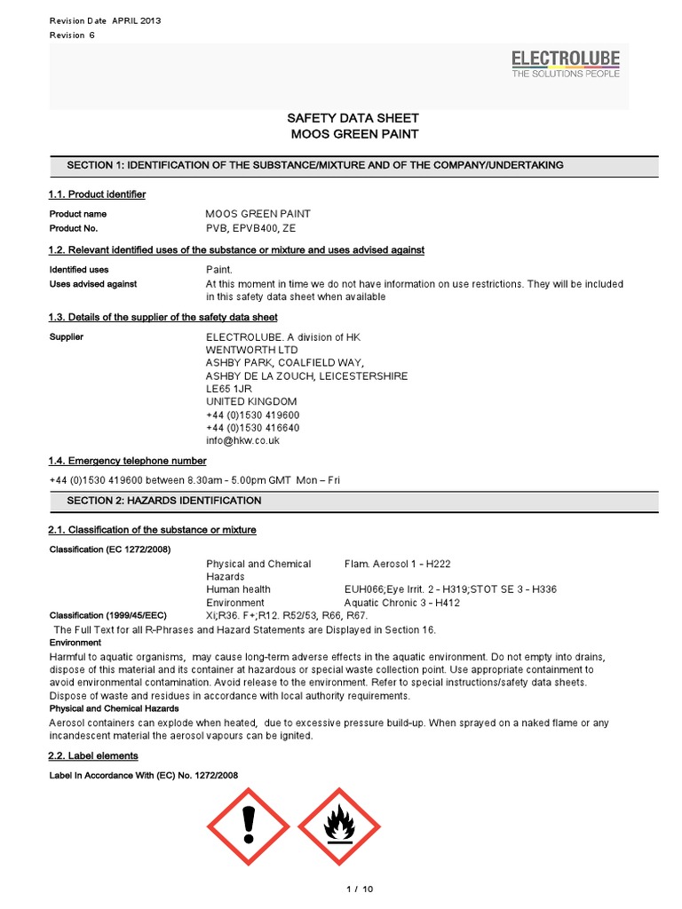 Moos Green Paint Safety Data Sheet | PDF | Firefighting | Toxicity