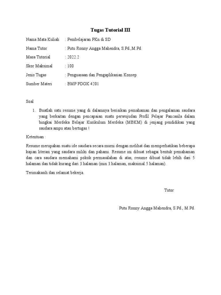 Tugas Tutorial 3 - Pembelajaran PKN Di SD - 2022.2 | PDF