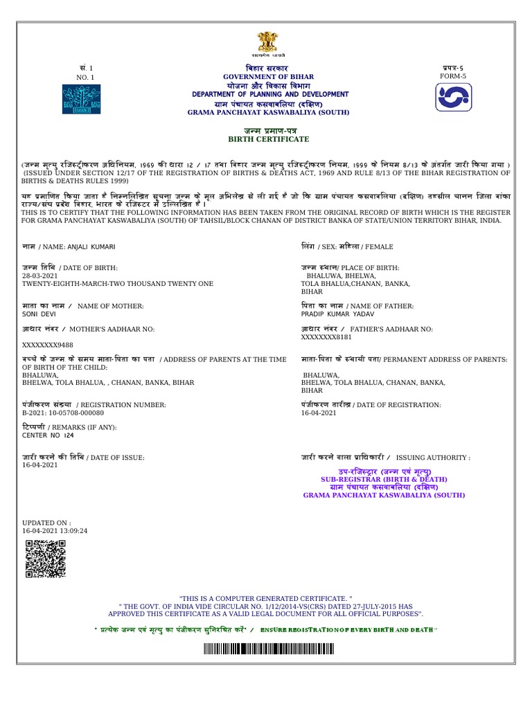 Birth Certificate: Government of Bihar | PDF