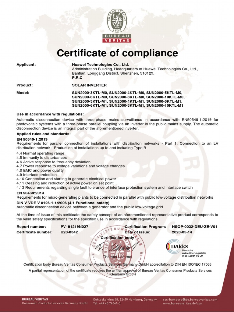 Huawei Certificiate EN 50549 SUN2000-3-10KTL-M0&M1 EN | PDF