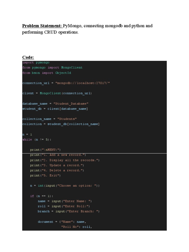 Performing Crud Operations Problem Statement Pymongo Connecting Mongodb And Python And Pdf