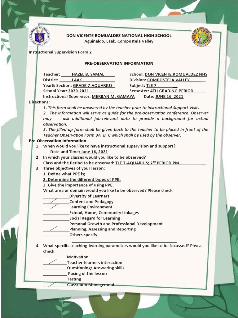 Pre Observation TLE 7 | PDF | Learning | Teaching Method