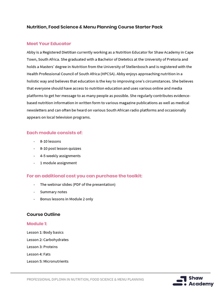 Nutrition Food Science & Menu Planning Course Starter Pack | PDF ...