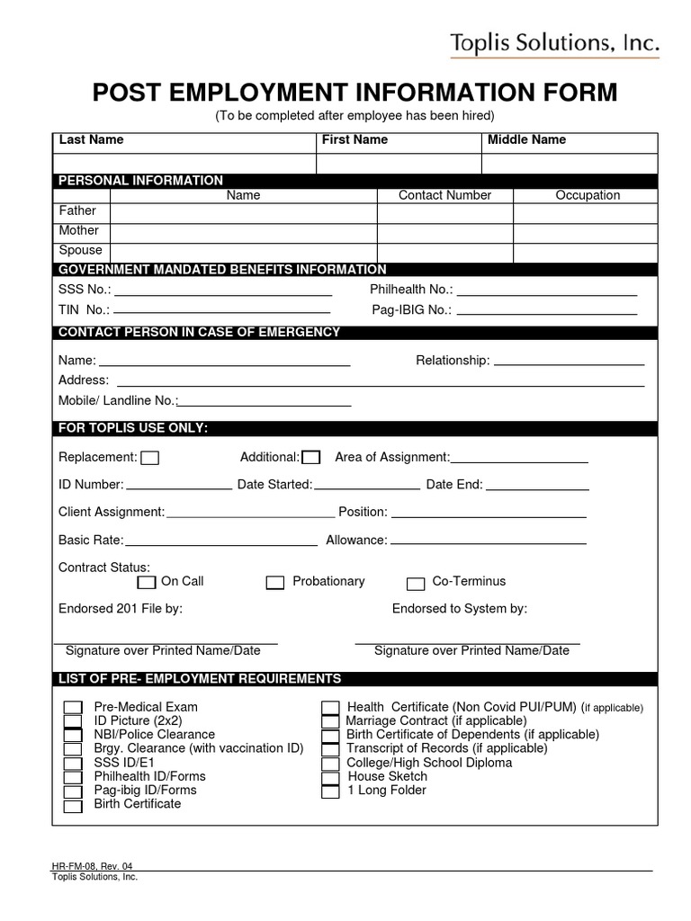 Post Employment Information Form | PDF