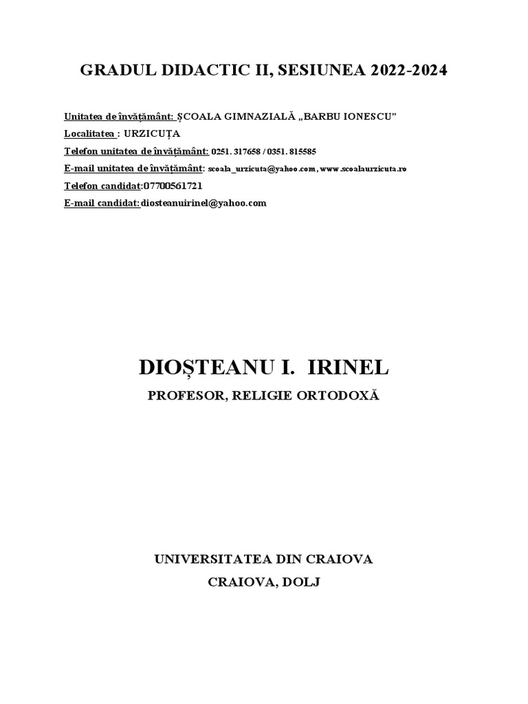 Dioșteanu I. Irinel: Gradul Didactic Ii, Sesiunea 2022-2024 | PDF