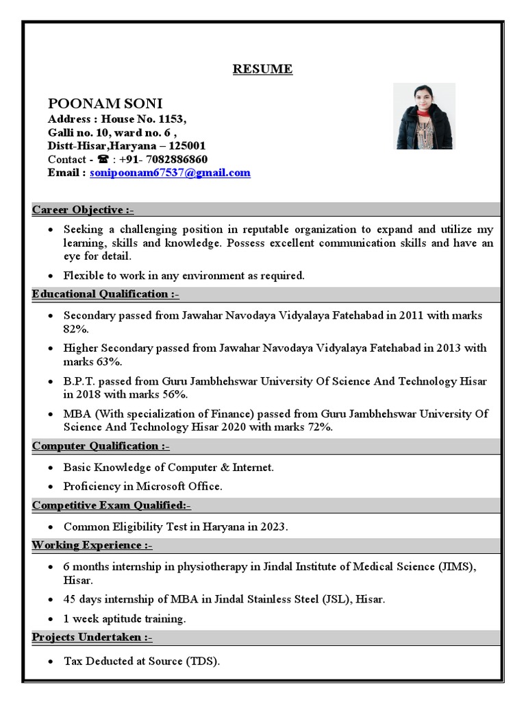 Poonam Soni: Resume | PDF | Cognition