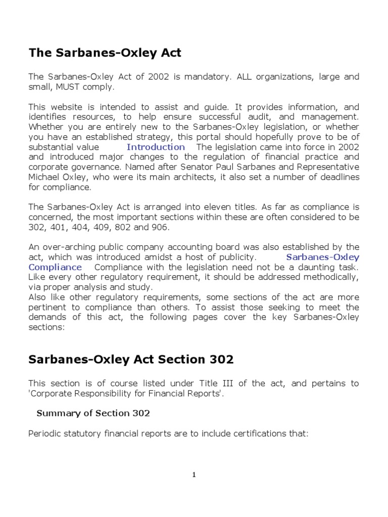 The Sarbanes-Oxley Act: Summary of Section 302 | PDF | Sarbanes–Oxley ...