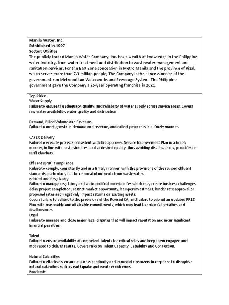 Manila Water Case Study | PDF | Risk Management | Emergency Management
