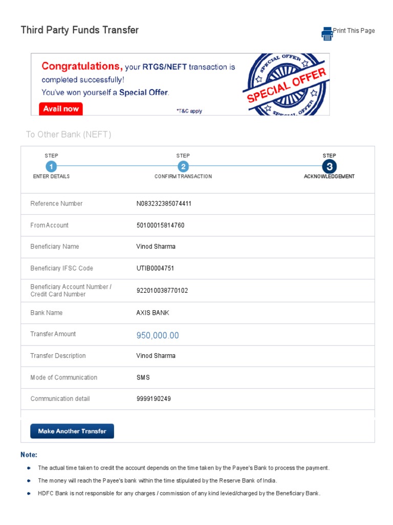 NEFT Third Party Transfer Details | PDF | Finance & Money Management