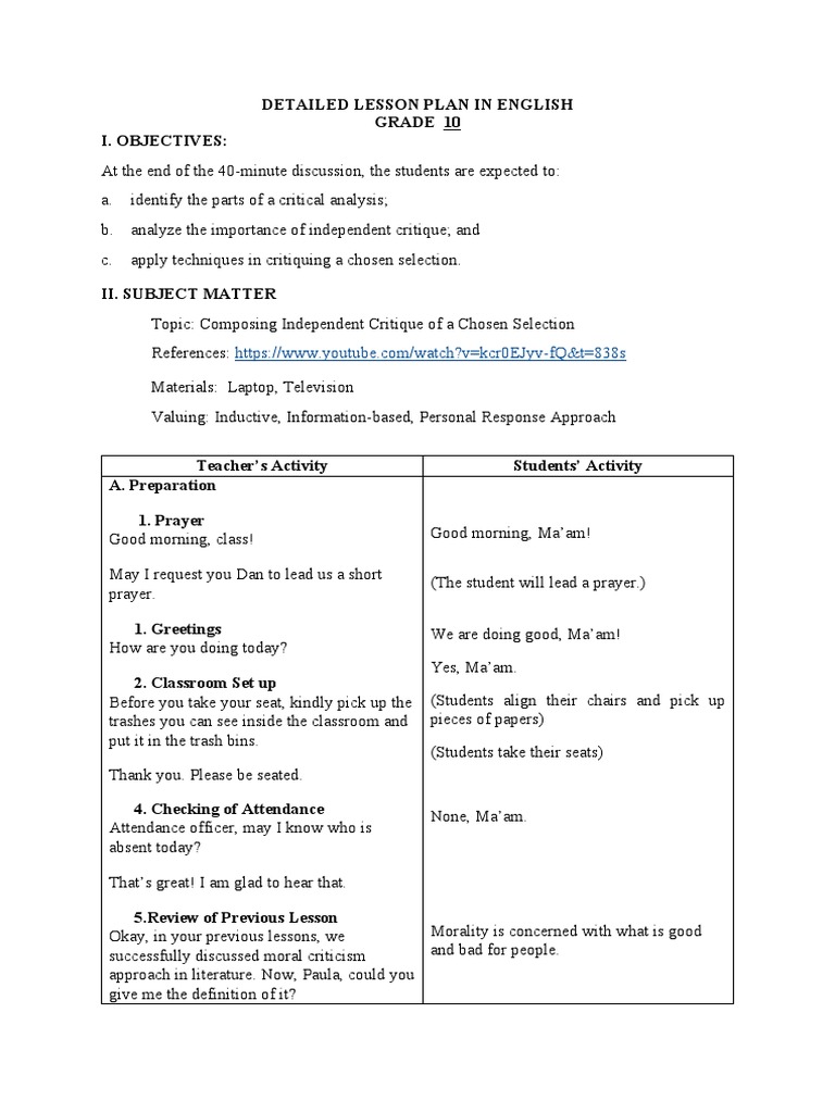 Grade 10 English Critique Lesson | PDF | Critical Thinking | Essays