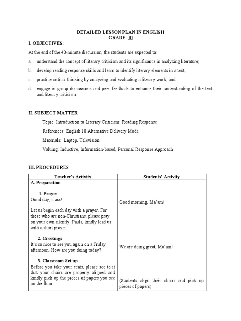Detailed Lesson Plan in English Grade 10 I. Objectives | PDF | Reason ...