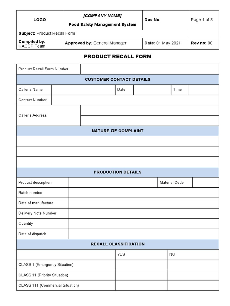 Product Recall Form | PDF