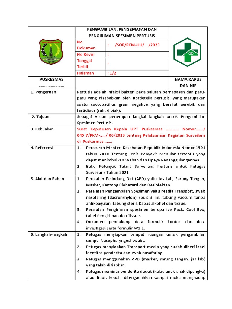 SOP Pengambilan, Pengemasan Dan Pengriman Spesimen Pertusis | PDF